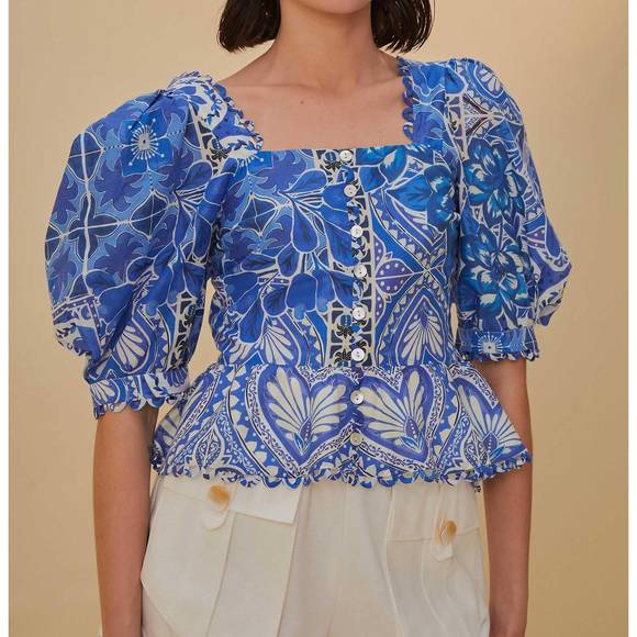 FARM Rio | Tops | New Farm Rio Dream Cotton Puff Sleeve Peplum Top In ...